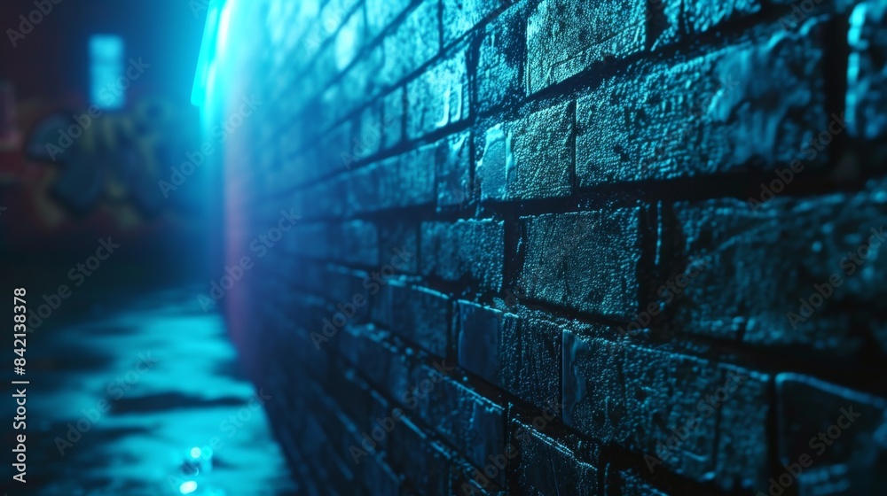 Brick wall illuminated by neon blue light at night in urban alley ...
