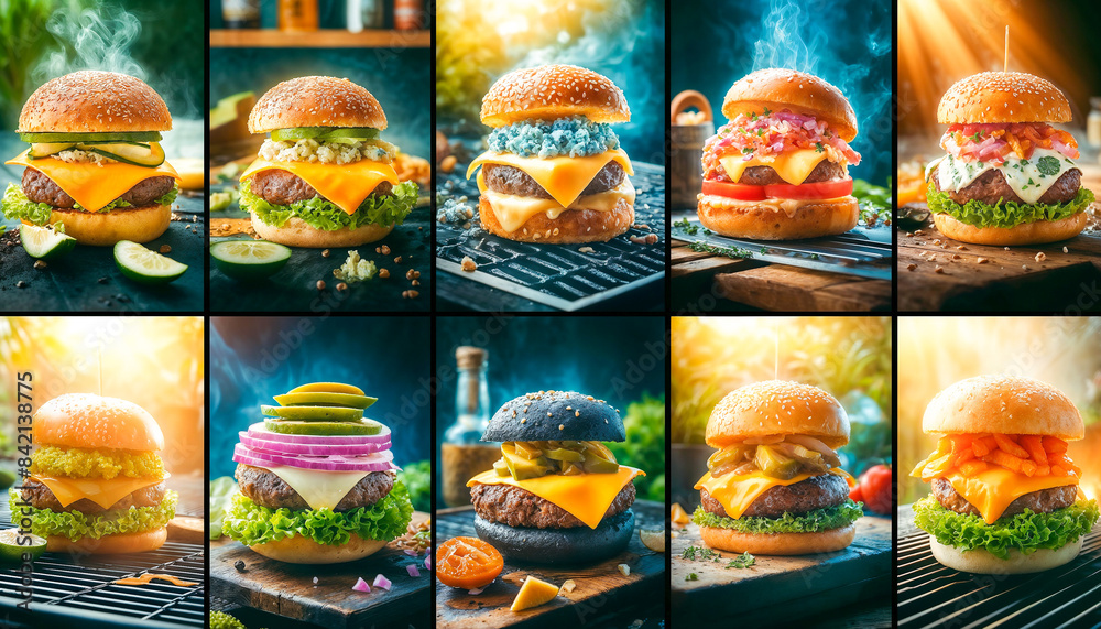 hamburgers, each with a unique combination of cheese and bun type ...
