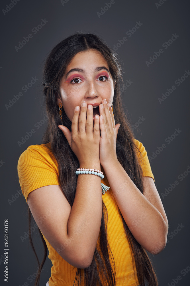 Studio portrait, teenager girl and wow for fake news announcement and gossip secret. Female teen ...