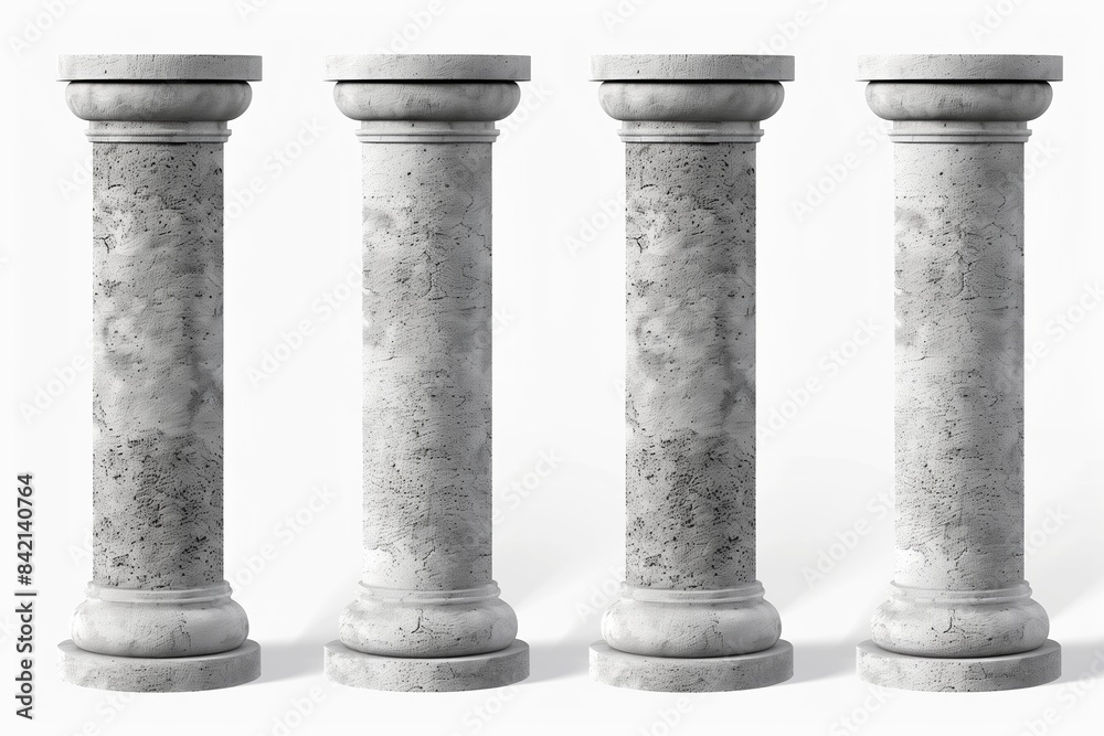 Four gray concrete pillars are isolated on a white background. The ...