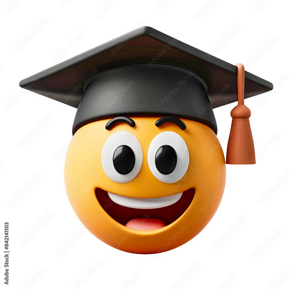Happy AI-created emoji emoticon in close-up, adorned with a graduation ...