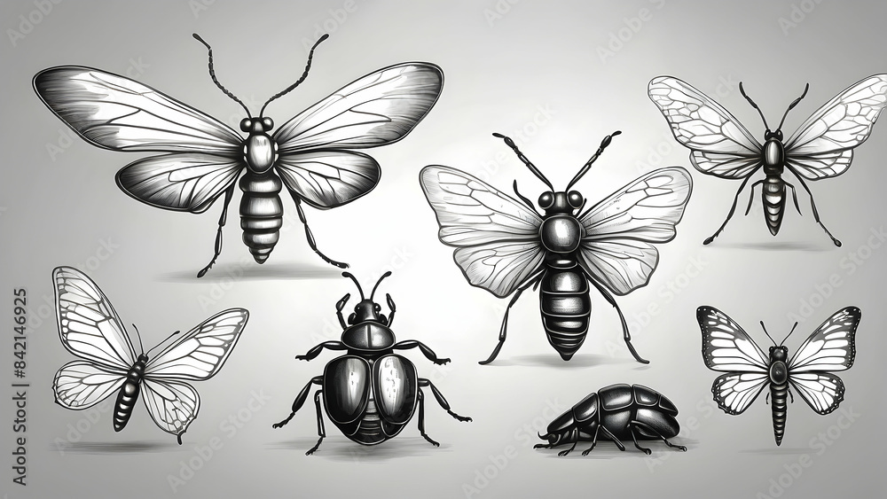 Detailed set of various monochrome insect illustrations showcasing ...