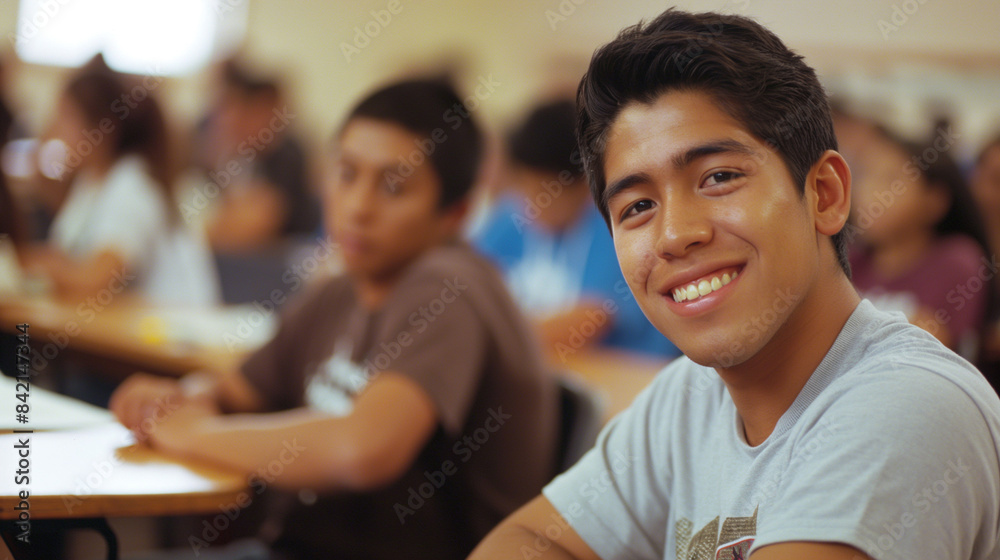 Latino male college student sitting a classroom smiling, student study ...