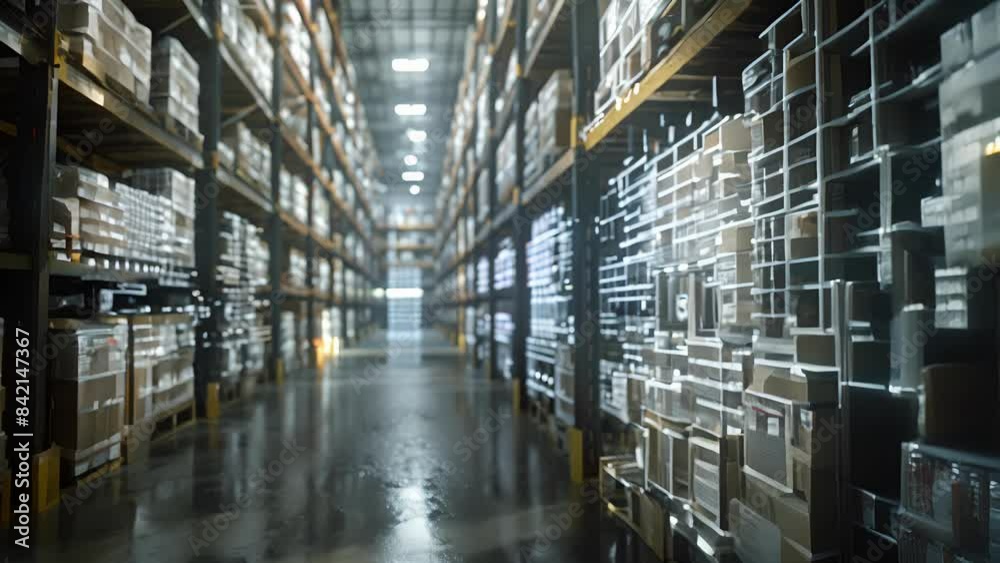 A warehouse filled with shelves of products each displaying a QR code ...