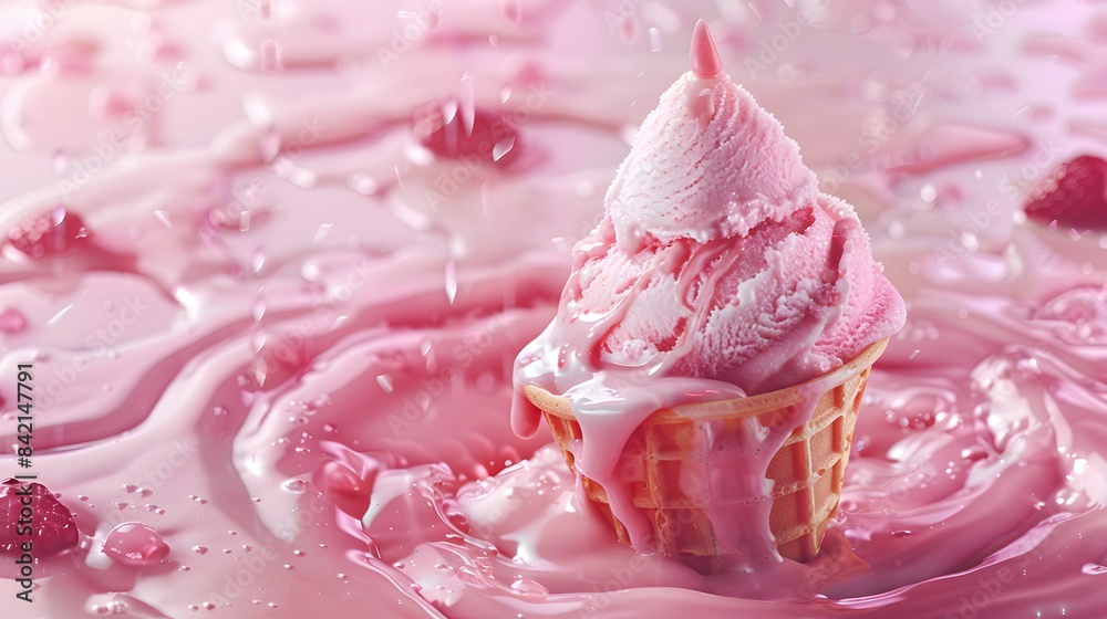 Strawberry ice cream melted on waffle background. Сream melted on ...