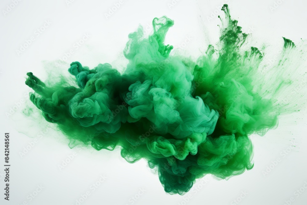 Freeze motion of emerald green powder explosion on white background ...