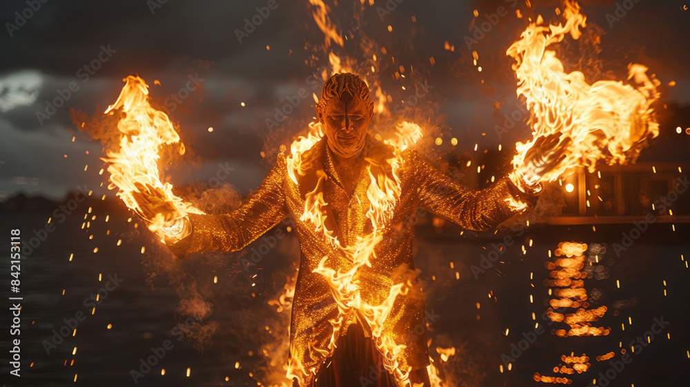 fire show, dancing with flame, male master fakir with fire works ...