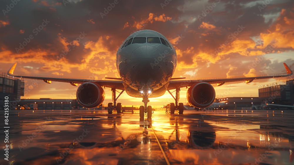 aircraft engineer fixing an airbus a320 at the hangar during sunset ...