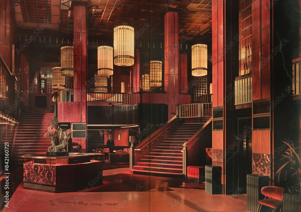 Indoor color photograph of the reception area of a grand 1940s hotel ...