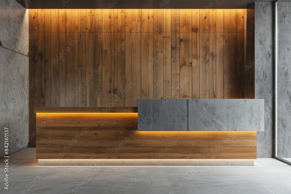 Office reception area with wooden desk against concrete wall with soft ...