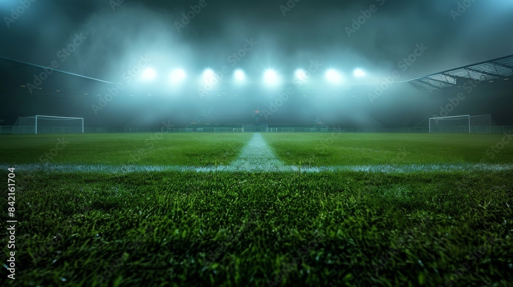 Professional sports background with glowing floodlights and an empty ...