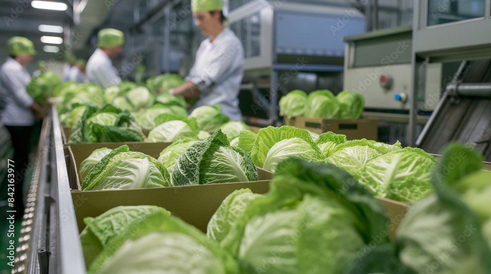 hydroponic cabbage into boxes on a conveyor line at a factory plant ...