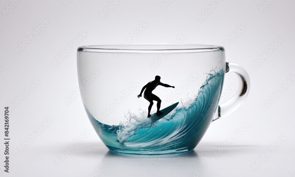 Miniature resin art man in a swimsuit surfer surfing on the beach ocean ...