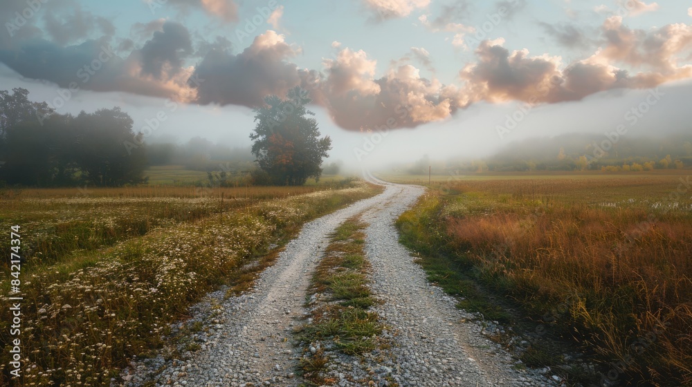 A gravel road dividing into two paths that vanish into the distance ...