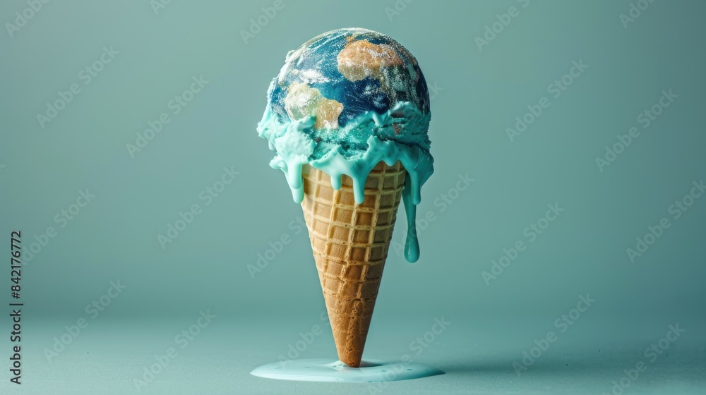 Blue Ice Cream Cone with Earth Melting Against Green Light Background ...