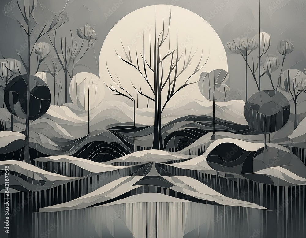 abstract painting, Tranquil Cubist depiction of nature using a ...