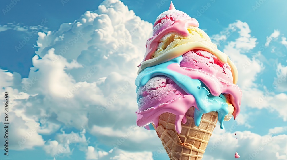 Giant ice cream cone with colorful scoops melting over sky ...