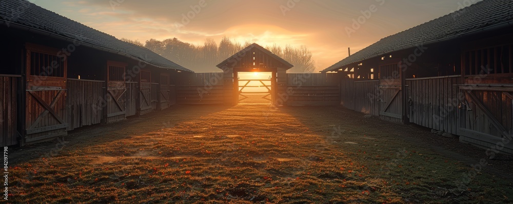 Beautiful rustic barnyard at sunrise, featuring a glowing golden ...