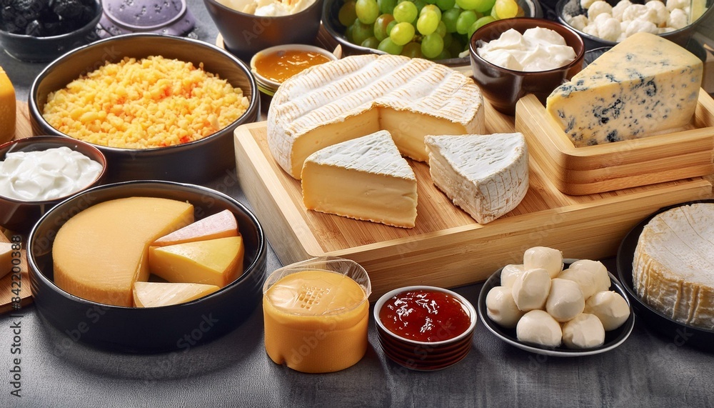 Assorted cheeses like parmesan camembert cheddar mozzarella and brie in ...