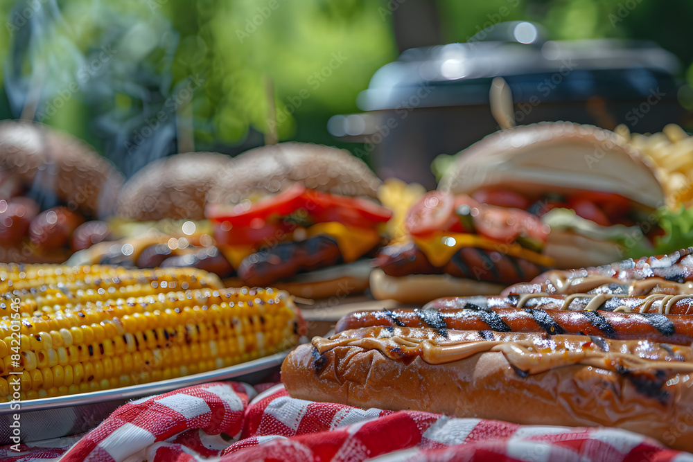 Hot dogs, corn and burgers on 4th of July picnic in patriotic theme ...