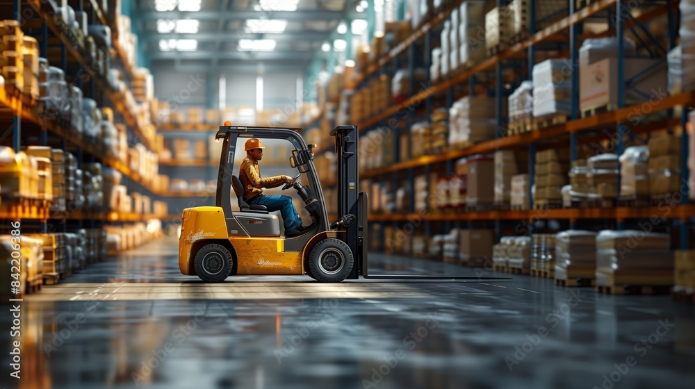 Worker Operating Forklift in Large Warehouse. Worker operates a ...