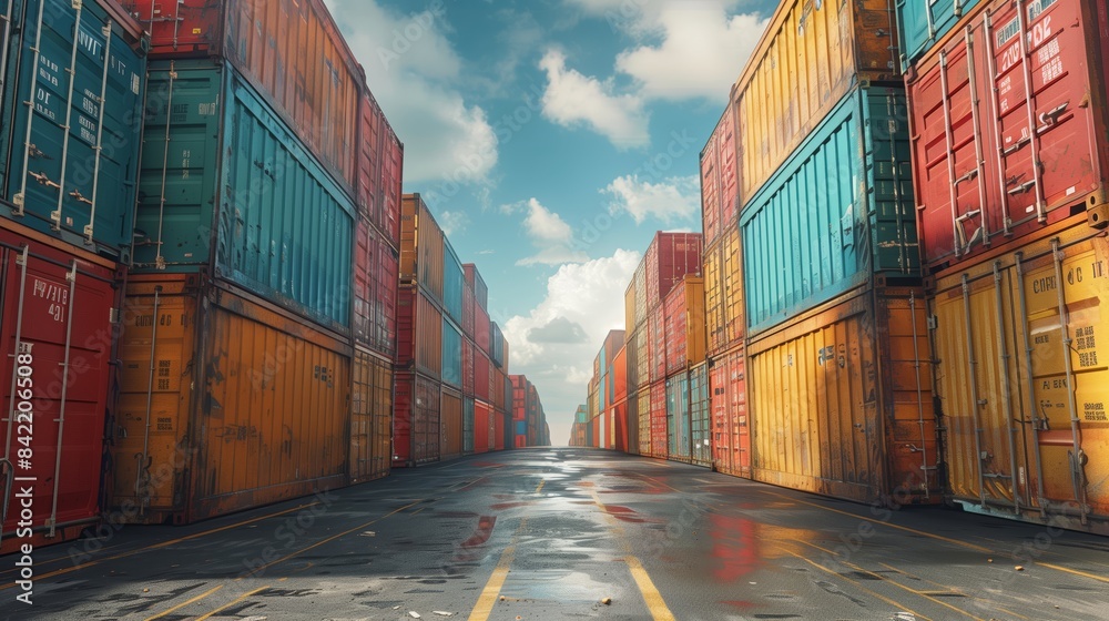 Row of Shipping Containers in Storage Area. Row of colorful shipping ...