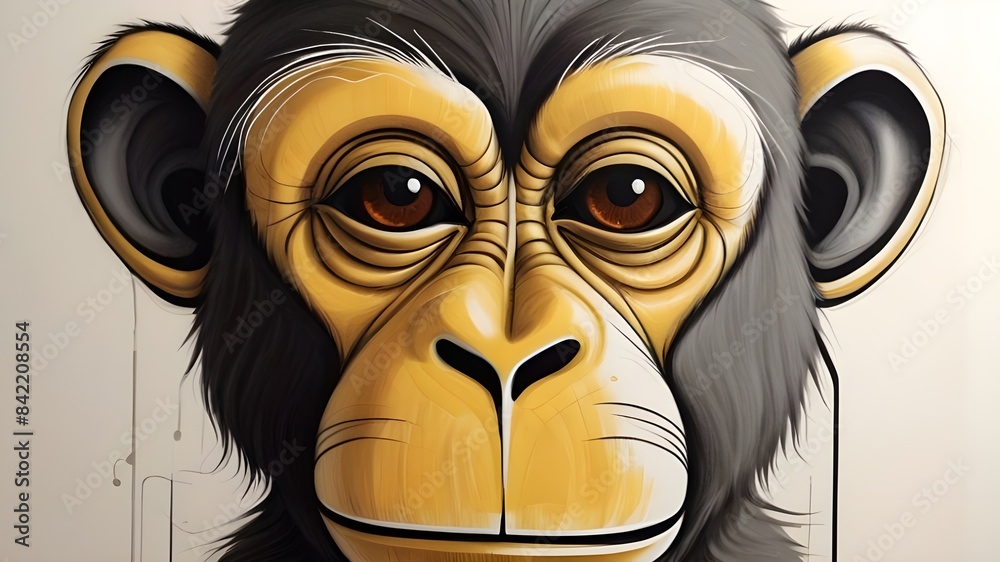 A minimalist line drawing of a monkey with a paintbrush, its self ...