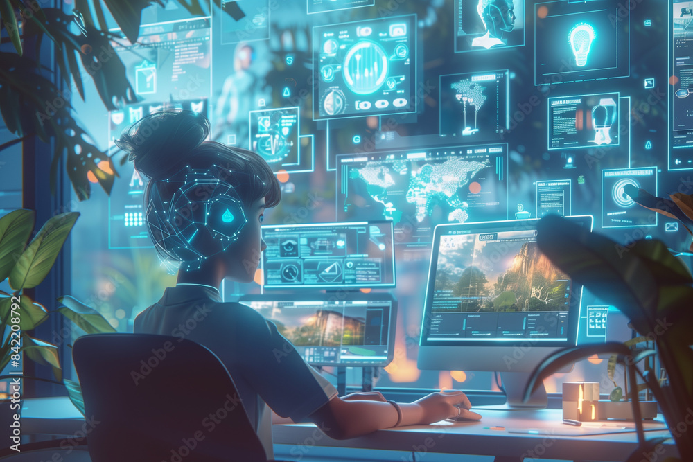 Woman work business market analytics charts on multi-screen computer ...