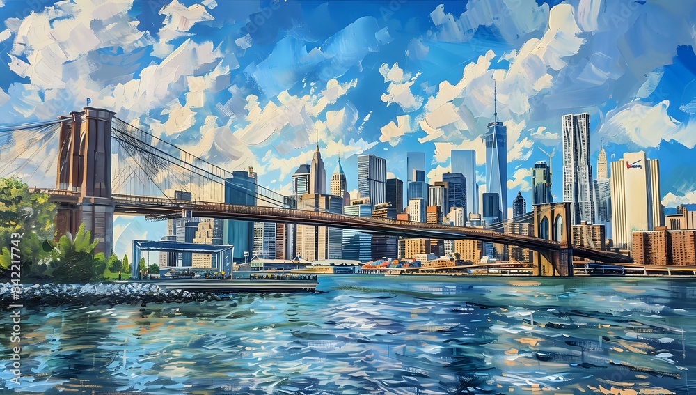 Brooklyn Bridge Skyline: A vibrant, sun-drenched painting capturing the ...
