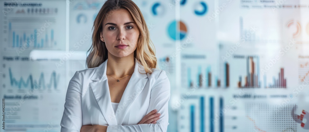 business woman exudes confidence, standing before digital graphs and ...