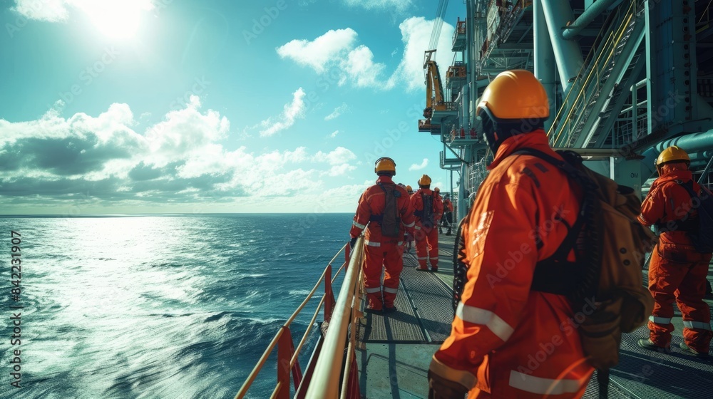 Oil workers, wearing helmets and personal protective equipment, stand ...