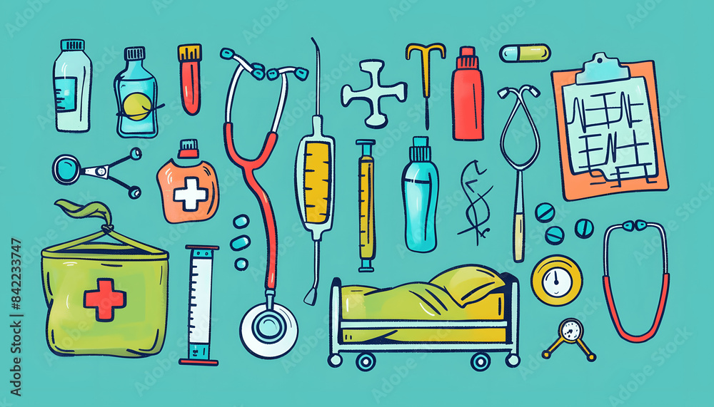 Clipart of healthcare tools featuring a stethoscope surgical scissors ...