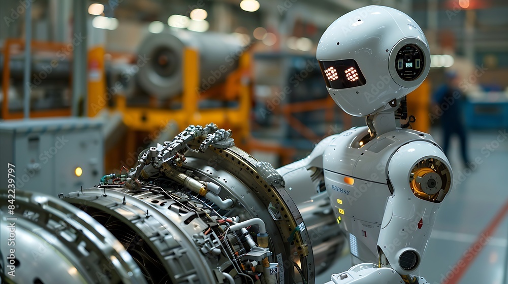 Flight Engineer robot performing maintenance on a jet engine connected ...