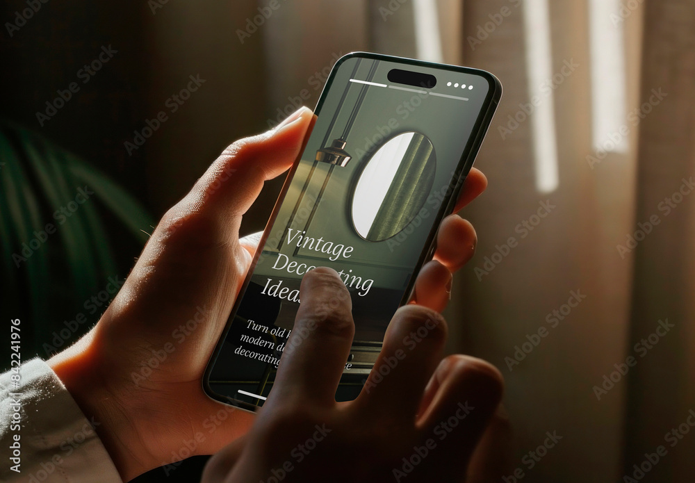 Person Using Phone Mockup With Generative AI Stock Template | Adobe Stock