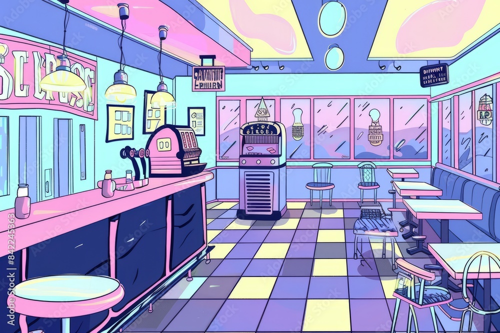 Cartoon cute doodles of a classic diner scene with neon signs, chrome ...