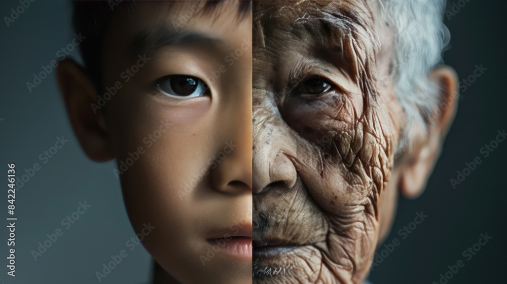 The face is divided into two halves - half of an Asian boy and half of ...