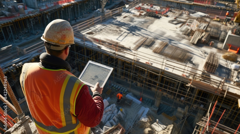 Back view of professional civil engineer holding tablet with building ...