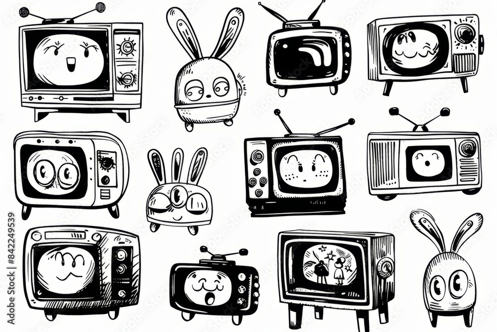 Cartoon cute doodles of a retro TV set showing black and white cartoons ...