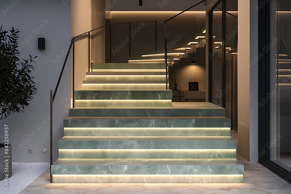 A modern home entrance featuring a staircase with backlit jade marble ...