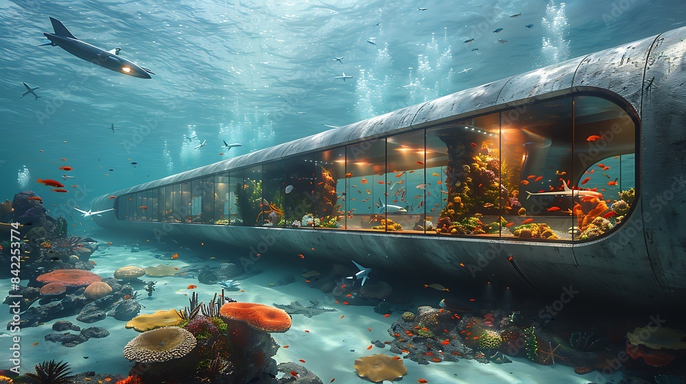 subaquatic airport terminal where seaplanes and submarines dock at a ...