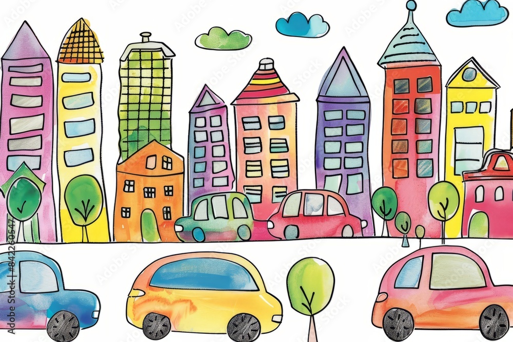 Cartoon cute doodles of a busy city street with watercolor buildings ...
