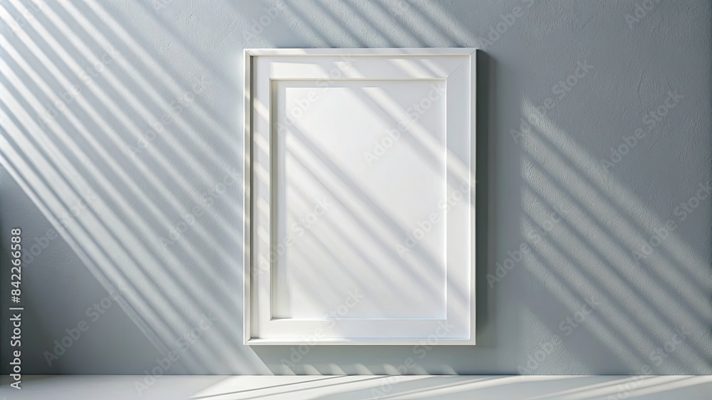 white vertical rectangle frame mockup on empty wall with window shadow ...