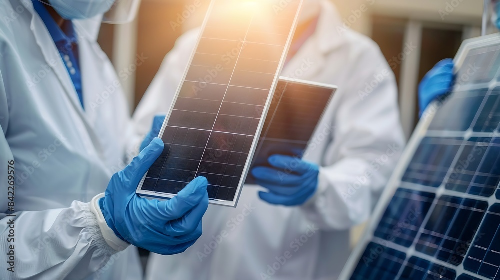 Engineers hold solar panels sample for testing efficiency of solar cell ...