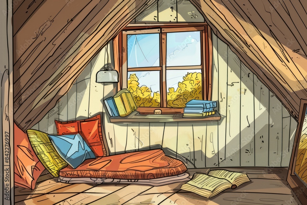 Cartoon cute doodles of a cozy attic with slanted ceilings and a window ...