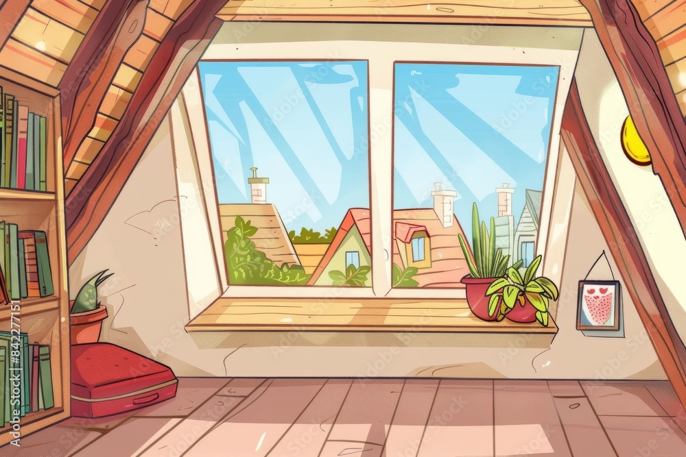 Cartoon cute doodles of a cozy attic with slanted ceilings and a window ...