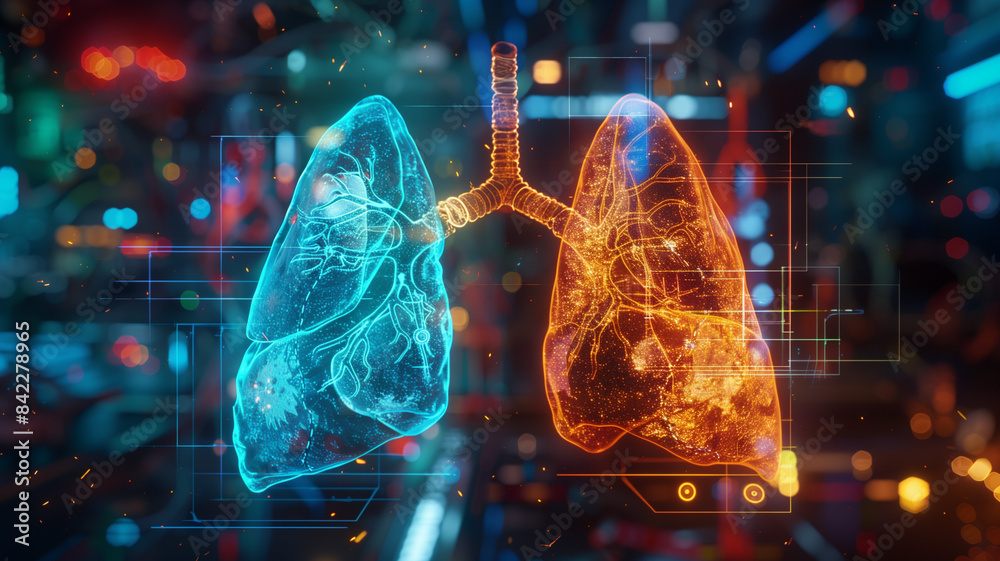 Holographic concept of a healthy lung and a lung affected by cancer ...