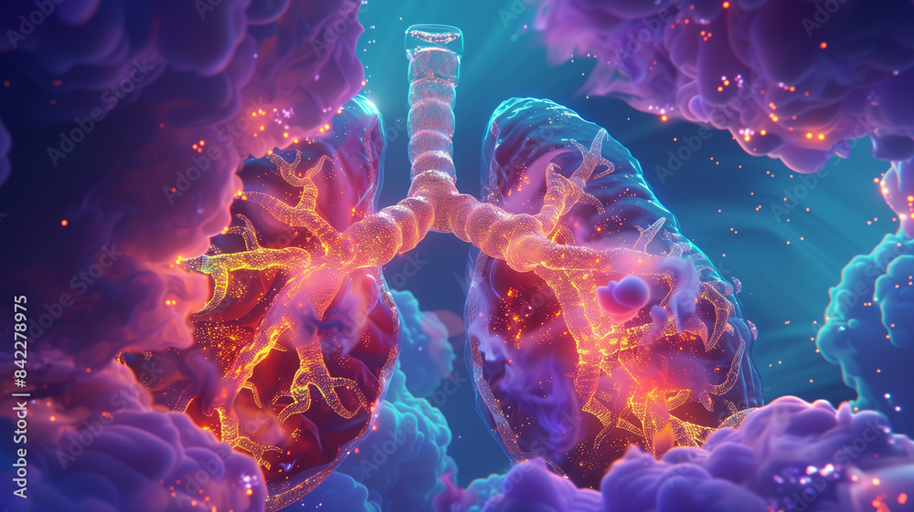 Holographic concept of the early symptoms of lung cancer, with animated ...