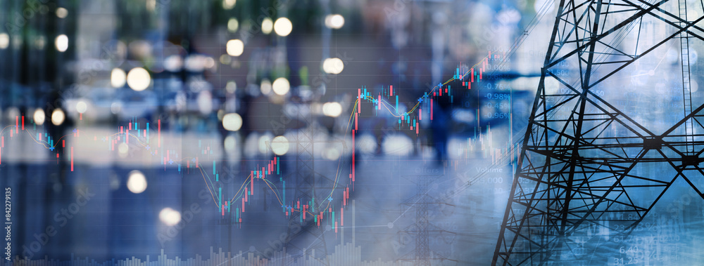 graph of stock market with city light with electricity pole for energy ...