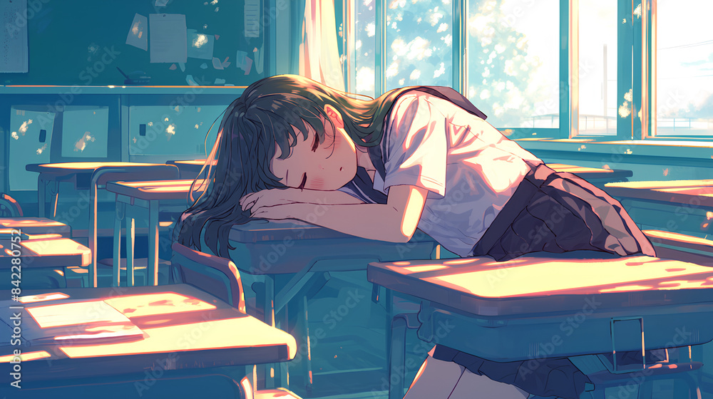 school uniform anime girl sleeping in empty classroom Stock ...