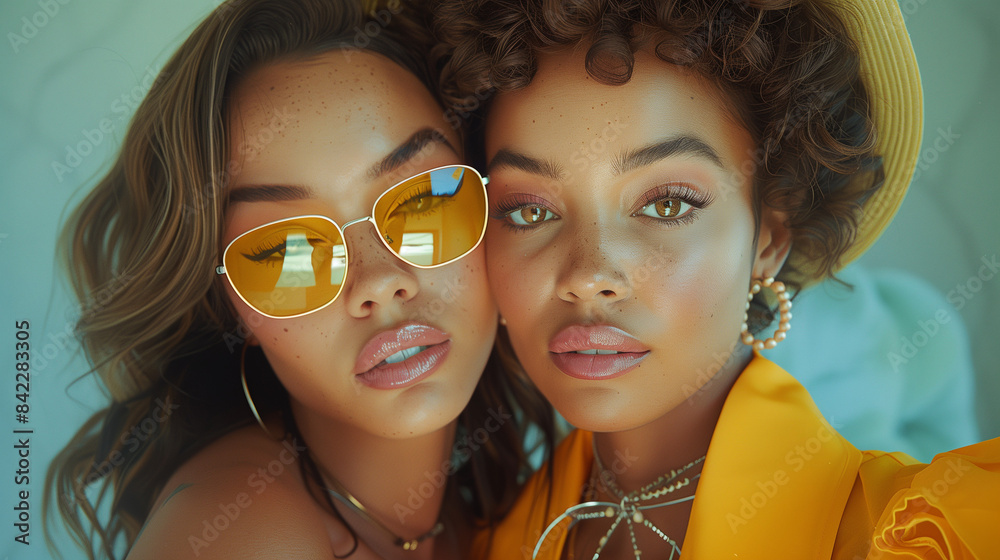 Close-up shot of two models, one dark-skinned woman and one white woman ...